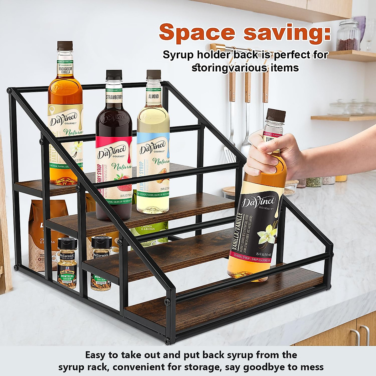 YQBRAO Coffee Syrup Organizer, 4-Tier 16 Bottles Coffee Syrup Rack for Coffee Bar, Coffee Syrup Stand for kitchen coffee station, Coffee Syrup Holder for Syrup, Wine, Dressing