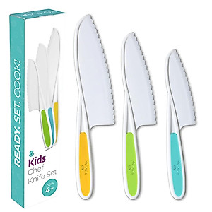 TOVLA JR. Knives for Kids 3-Piece Nylon Kitchen Baking Knife Set: Children's Cooking Knives in 3 Sizes & Colors/Firm Grip, Serrated Edges, BPA-Free Kids' Knives (colors vary for each size knife)