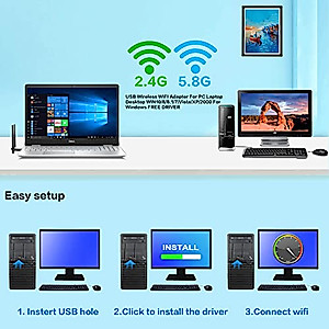 WiFi Adapter for Desktop PC 1200Mbps - Nineplus USB WiFi Adapter for PC 5G and 2.4G USB 3.0 WiFi Antenna for PC Windows 11,10, 7 Wireless Adapter for Desktop Computer Network Adapter PC WiFi Adapter