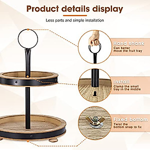 Urban Deco Wood Tiered Tray, 2-Tiered Tray Decorative Dessert Stand, Farmhouse 2 Tier Serving Tray with Metal Handle, Fruits Display Tray for Kitchen Counter, Living Room Table