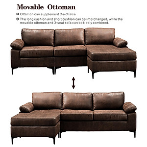 ovios 97.6" L-Shaped Sofa Couch with Convertible Chaise, Minimalist Reversible Sectional Sofa with Deep Seat, Comfy Mid-Century Modern Suede Leather Couches for Living Room, Dark Brown