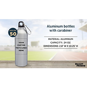 DISCOUNT PROMOS Custom Aluminum Water Bottles with Carabiner 24 oz. Set of 50, Personalized Bulk Pack - Perfect for Gym, Hiking, Camping, Running, Mountain Bike, Outdoor Sports - Silver