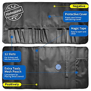 XYJ Kithcen Knife Roll Bag (13 slots) Holds 12pcs Knives and Sharpener Rod Chef Cooking Portable Durable Storage Pockets Black Roll Bag Carry Case Bag (Knives Not Included)