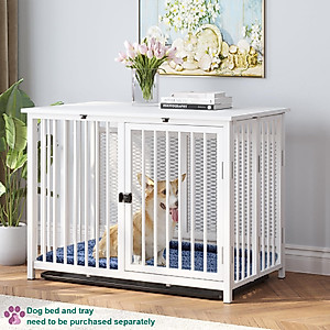 UMXES Heavy Duty Dog Crate Furniture, Fully Assembled exc. Locks, All Metal Frame & Wooden Tabletop, Modern Kennel for Small/Medium Dog, End Table, Sturdy, Foldable, White