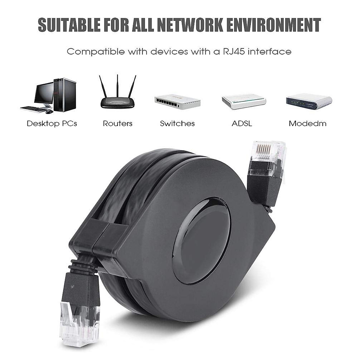 Adjustable Retractable Cat-6 10 Gigabit Ethernet Ultra Flat Retractable Cable Cat6 Ethernet Cable RJ45 Connectors for Travel, 1m / 3.3ft, 2m / 6.6ft Optional(6.6ft)