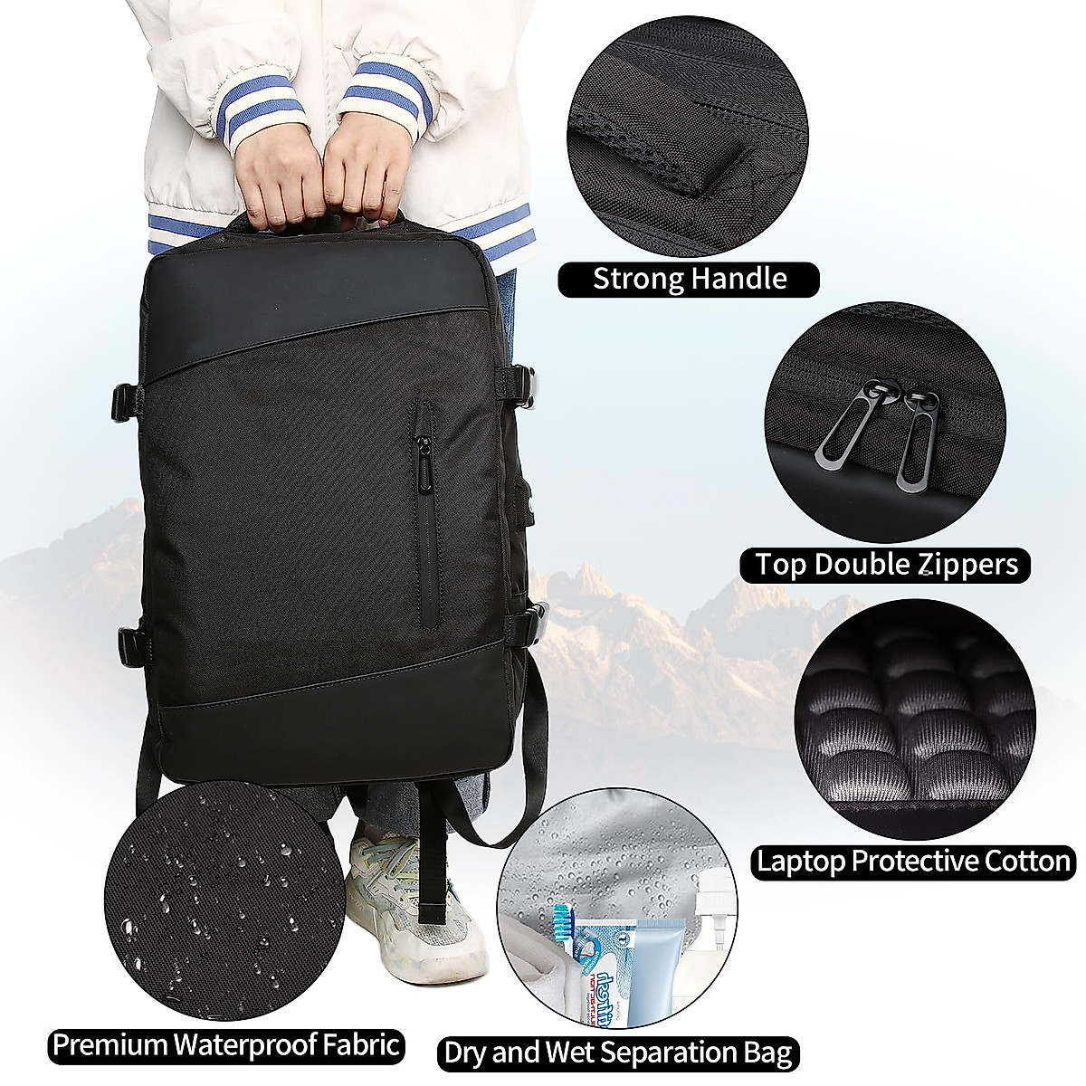 QOECI Waterproof Travel Backpack for Women Men, 44L Carry On Backpack with USB Charging Port, 17.3" Laptop Backpack, Personal Item Bag for Airlines Approved, Business Backpack Casual Daypack 1680D