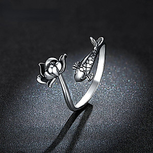 NIMSO 925 Sterling Silver Koi Lotus Ring, Adjustable Band For Women