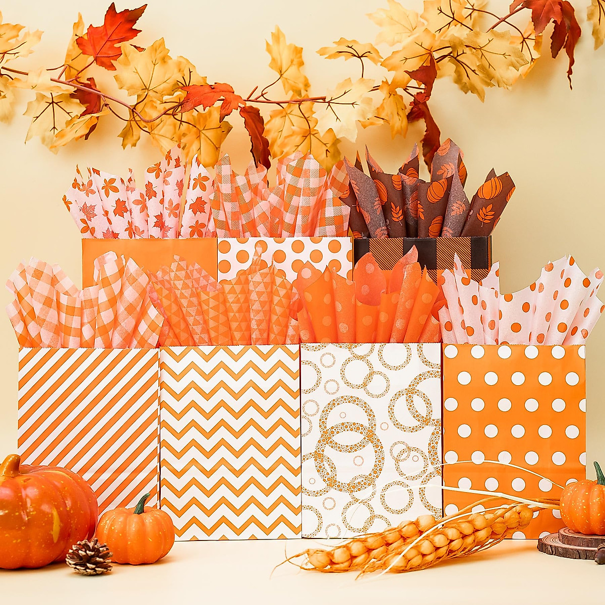 Larcenciel 70 Sheets Fall Tissue Paper, Orange Gift Tissue Paper Bulk for Gift Bags & Gifts Wrapping - Pumpkin Leaves Patterns, Gift Wrap for Autumn Harvest Thanksgiving Halloween Party DIY,19.7x13.8