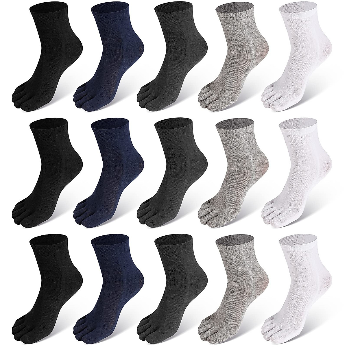 Kenning 15 Pairs Five Toe Socks Mens Polyester Cotton Crew Running Liner Athletic Finger for Winter Activities Hiking Yoga, 5 Colors, Black, Light Grey, Dark Navy Blue and White, One Size