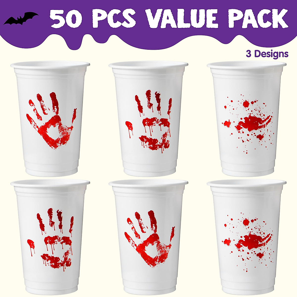 JOYIN 50 PCS Halloween Blood Print Cups Disposable, 12oz Hand Print Plastic Cups bulk, Party Favors for Party Supplies, Halloween Cups for Kids Party Decoration, Coffee, Juice Beverages Drinkware