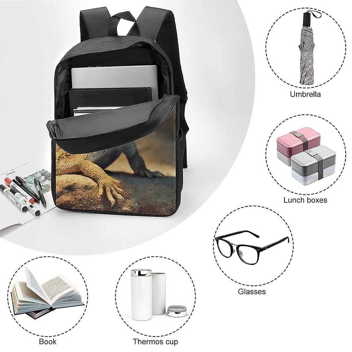 D-WOLVES Novelty School Backpack for Women Men, Brown Bearded Dragon Lizard Lightweight Book Bag with Ergonomic Back Pad, Casual Daypack Travel Bag for Hiking Work Business Holidays