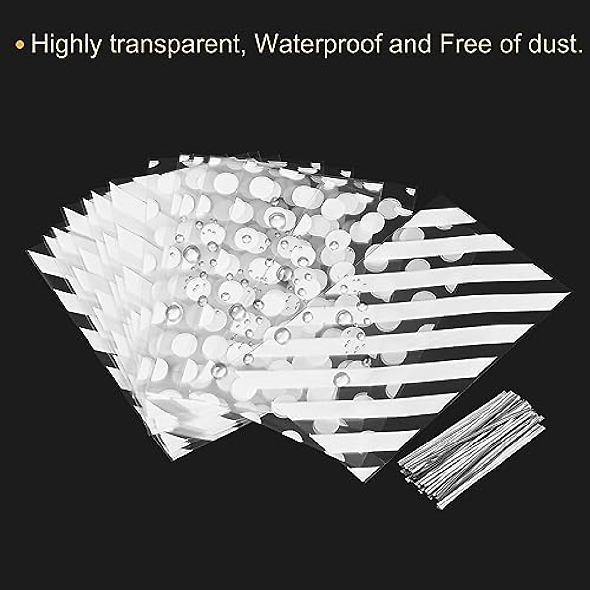 uxcell 100 Pcs Clear Cello Bags, Round Spot Flat Plastic Cello Treat Bags with Gold Twist Ties Gift Bags Cookie Bags for Christmas Snacks Candy Cookie Gifts, White