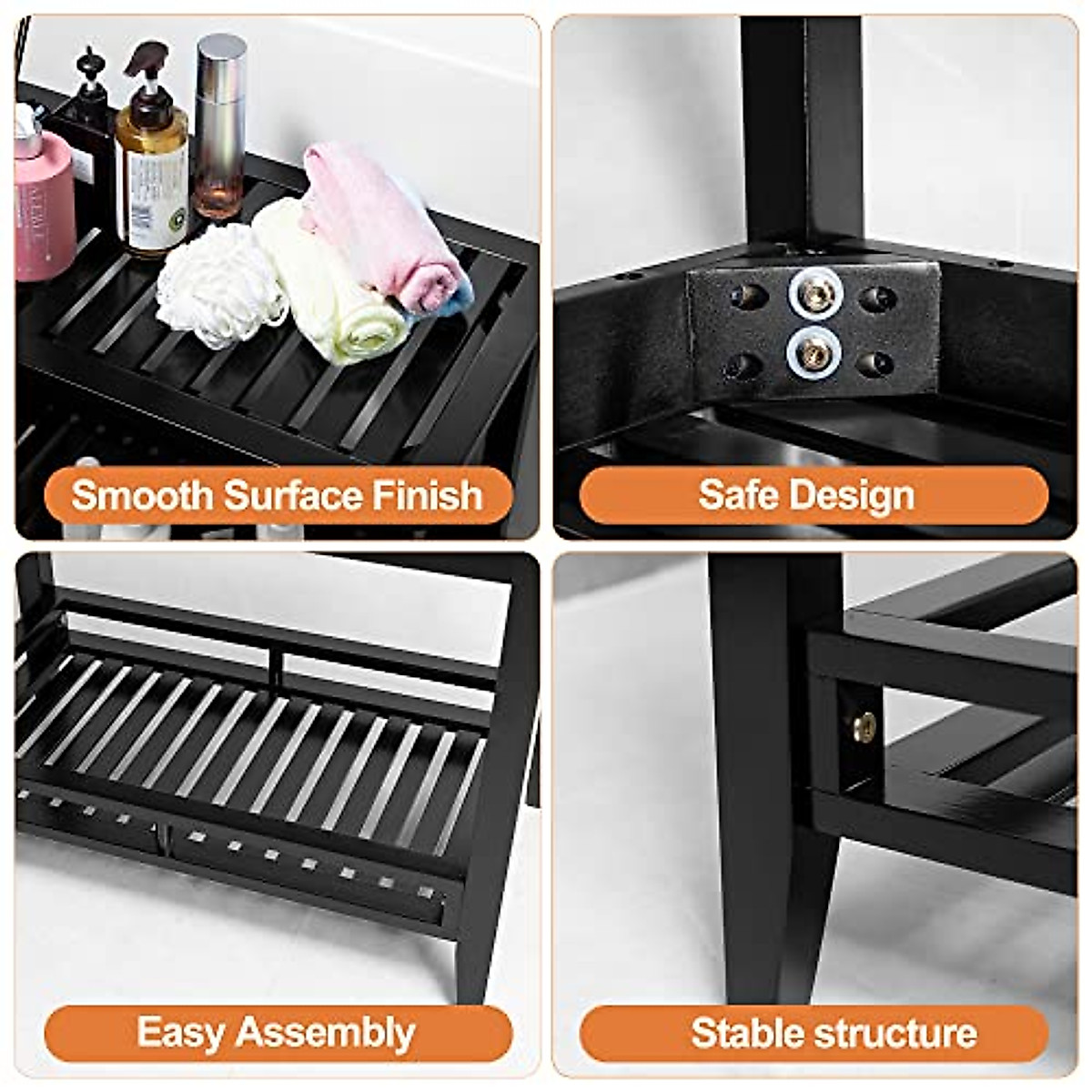 Zoopolyn Bamboo Shower Bench Stool with Storage Shelf Shower Bath Seat for Shaving Legs Waterproof in Bathroom & Inside Shower Black