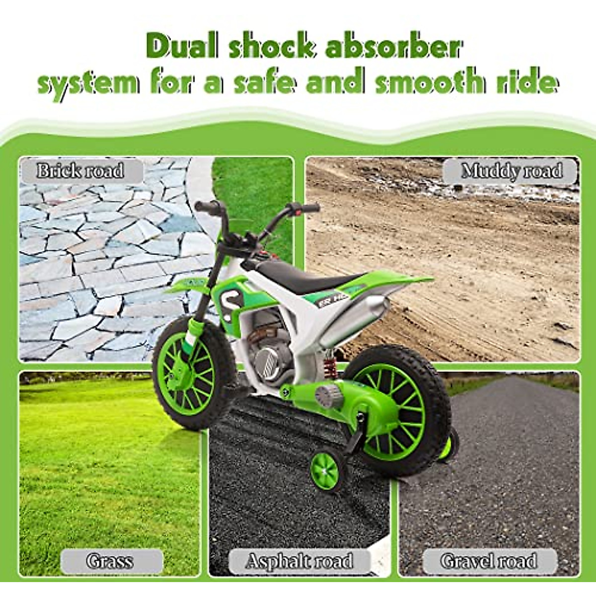 TOBBI Electric Motorcycle for Kids 12V Dirt Bike Ride on Toy Battery Powered Motorbike Off-Road Motocross Kid Motorized Vehicles w/ 2 Speeds, 35W Dual Motors, Training Wheels, Green