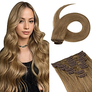 Benehair Clip in Hair Extensions Real Human Hair Light Brown Hair Extensions Clip in Human Hair Long Straight Remy Natural Full Head 8pcs Real Hair Extensions for Women 18inch #6 Light Brown
