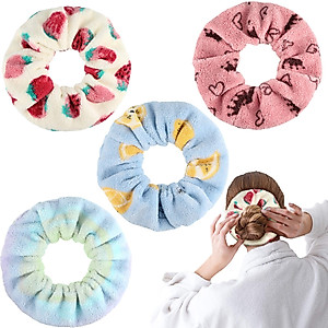 4 Pieces Large Soft Microfiber Hair Towel Scrunchies with Fuzzy Fruit-Shaped Pom Poms - Ponytail Holders for Wet and Dry Hair Styling Accessories for Women
