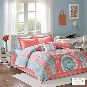 Intelligent Design Complete Bed In A Bag Casual Boho Comforter with Sheet Set Decorative Pillow, All Season Bedding Set, Twin, Loretta Coral 7 Piece
