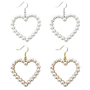 Honbay 2 Pairs Pearl Heart Dangle Earrings Love Heart Earrings Vintage Pearl Hoop Studs Circle Beaded Earrings for Holiday Valentine Wedding or Daily Wear (2 Color)
