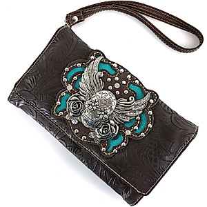 Justin West Tooled Winged Sugar Skull Roses Laser Cut Chain Shoulder Concealed Carry Handbag Purse Wallet Messenger Bag (Dark Brown Trifold Wallet ONLY)