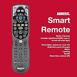 4-in-1, 4-Device IR Universal Remote Control with Macro, Learning, Backlit, Netflix Apps Keys for All TVs, Streaming Players, BluRay Player, Audio, Cable, Roku, Apple TV and More - Anderic RRU401