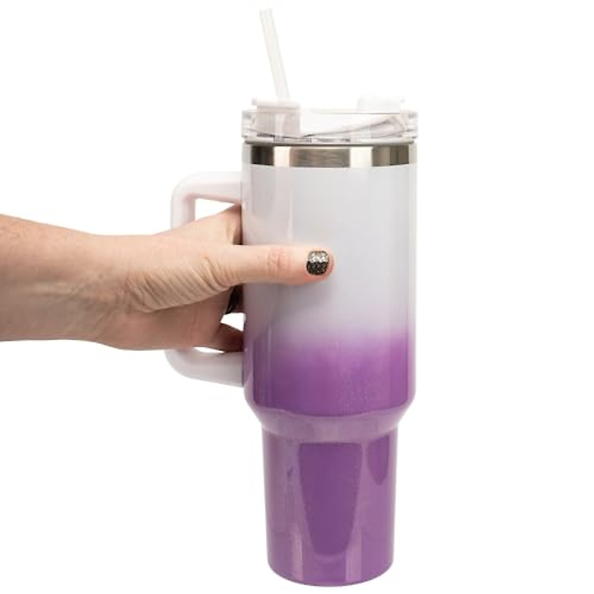 Elanze Designs Giraffe Growing Wildflower Animal Floral Motif 40 Oz. Stainless Steel Water Coffee Mug, Spill & Leak Resistant, Travel Tumbler with Handle, Lid & Straw, White & Purple