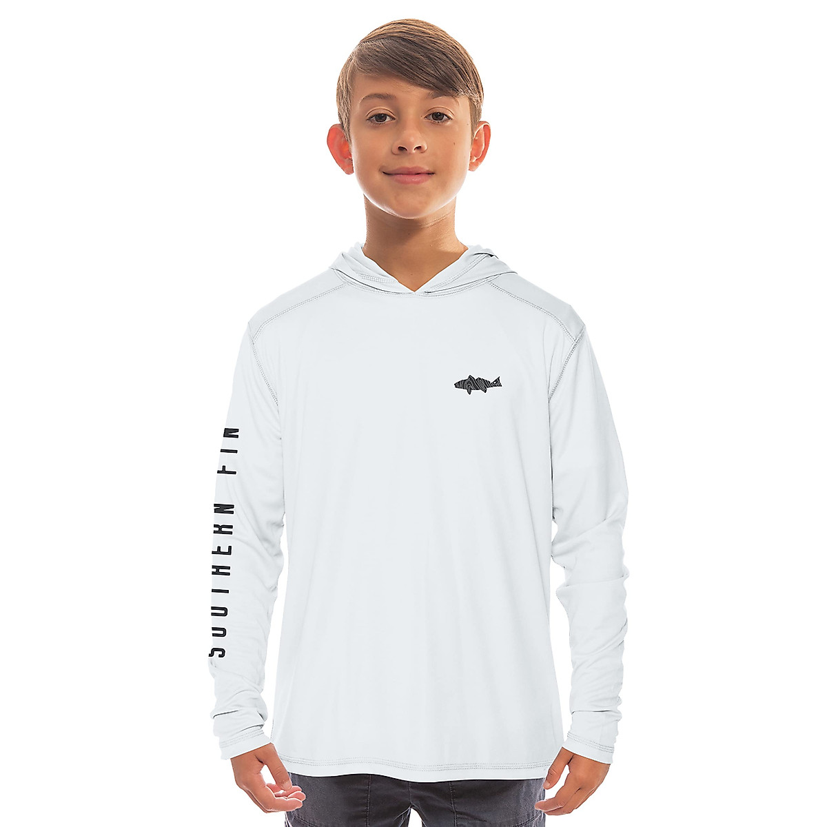 Southern Fin Apparel Kids Fishing Hoodie Shirt Long Sleeve UV UPF SPF Sun Protection Youth Boys Girls (White, Large)