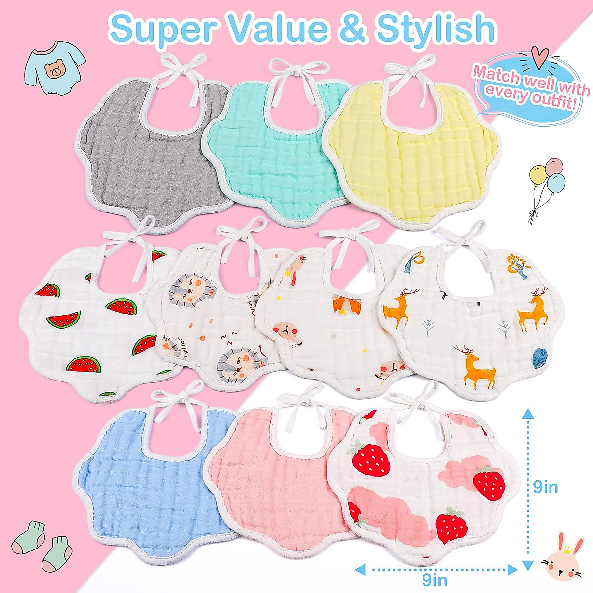 10PCS Muslin Baby Bibs for Girls Boys Unisex Adjustable Newborn Teething Drool Bibs for Baby Boy Girl Soft & Absorbent Infant Toddler Bibs 0-6 Months Baby Bandana Bibs for Boys Girls Baby Shower Gifts