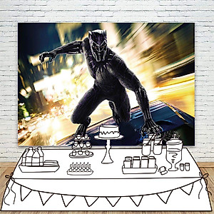 Colorwonder Vinyl Superhero Backdrop 7x5ft Black Panther Backdrop Happy Birthday for Boys Cityscape Super Star Black Panther Birthday Party Supplies, Black