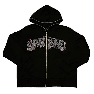 Faretumiya Women Men Rhinestone Hoodie Y2k Graphic Zip Up Unisex Sweatshirt Sparekly Oversized Pullover Jacket Streetwear（black two，Large）