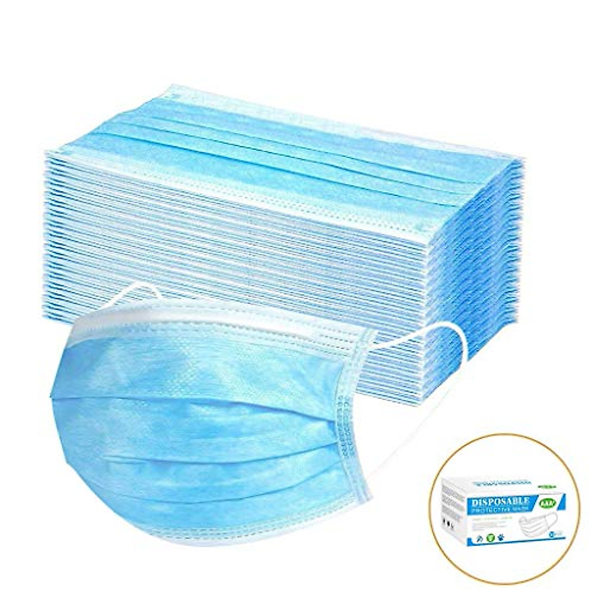 50 Pcs Disposable_Face with Elastic Earloop 3-ply Face Mouth Hygiene Protection Pads with Box, High Filtration and Ventilation Security (Blue- 50Pcs)