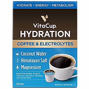 VitaCup Hydration Coffee Pods, The First Coffee That Hydrates You w/ Electrolytes, Coconut Water, Pink Himalayan Salt, Magnesium, Medium Roast, Recyclable Single Serve Pod compatible w/ Keurig K-Cup Brewers, 18 Ct