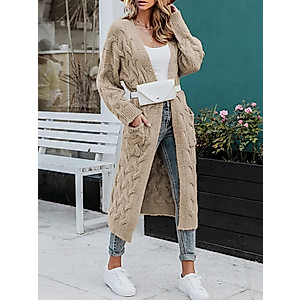 ZIWOCH Women's Long Cardigan Coats Cable Knit Casual Open Front Long Sleeve Loose Sweater with Pockets Beige