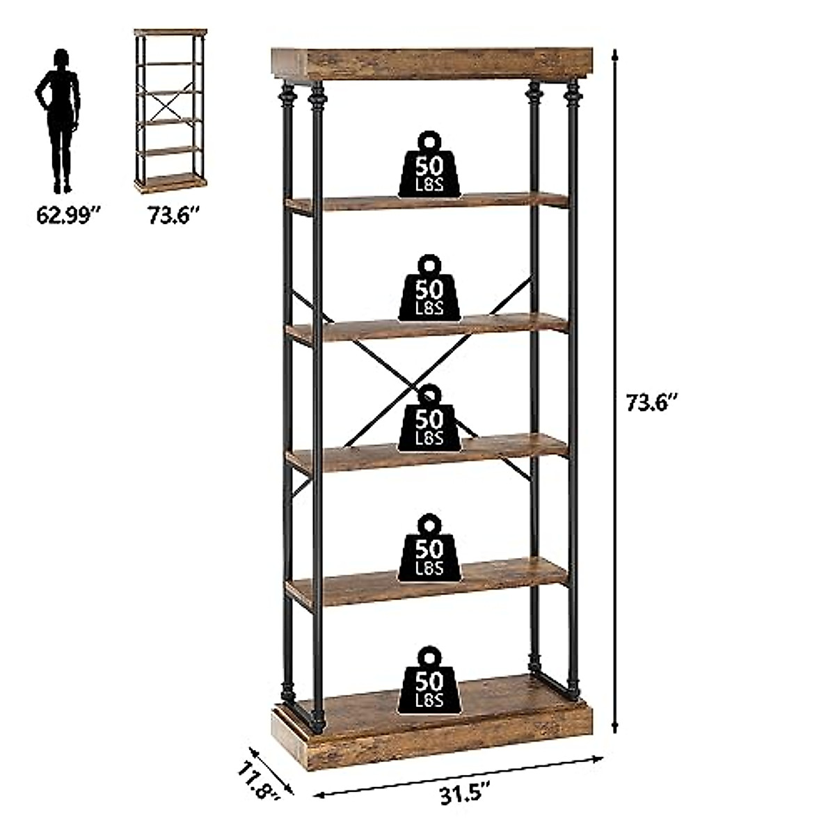 IDEALHOUSE Industrial Bookshelf Wood Bookcase 6 Tier Storage Open Rack Shelf Metal Frame Rustic Tall Standing Bookshelves Large Vintage Display Rack for Bedroom,Living Room and Home Office