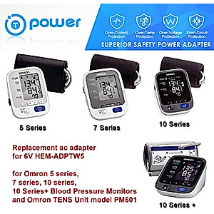 T POWER Charger Compatible for Omron 5 Silver BP5250 Gold BP5350,HEM-71571T-Z 7 10 Series BP742N BP760N BP761 BP785N BP786N Upper Arm Blood Pressure Monitor Ac Adapter Power Supply(no Need Batteries)
