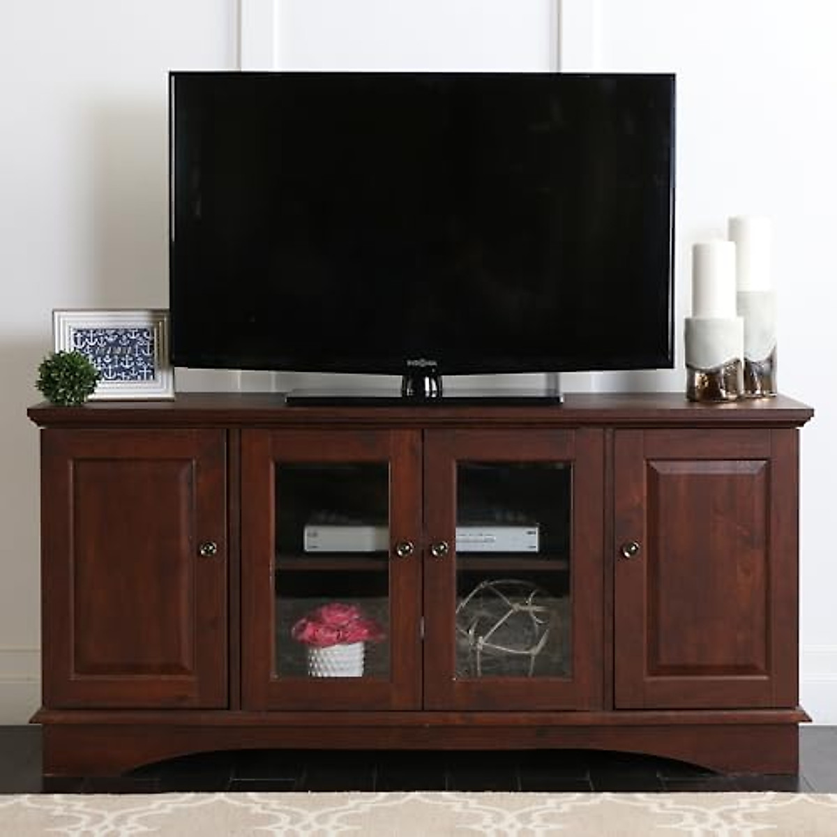 Walker Edison Traditional Wood Universal TV Stand with Storage Cabinets for TV's up to 65" Living Room Entertainment Center, 44 Inch, Traditional Brown