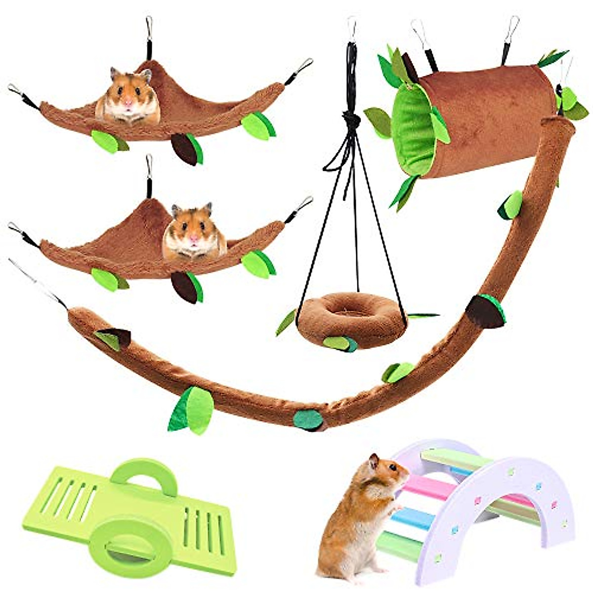 LZYMSZ 7PCS Hamster Hanging Warm Bed, Rat Hanging Bed House Forest Pattern Cage Toy Small Animals Cage Nest Accessories, Hamster Hammock Tunnel Swing Set for Parrot Ferret Squirrel Hamster Playing