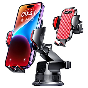 VANMASS [Pro Version] Universal Car Phone Mount [Super Suction Cup] Dashboard Phone Holder Stand, Handsfree Windshield Dash Vent Phone Holder Car, Compatible for iPhone 14 13 12 LG & Truck, Red