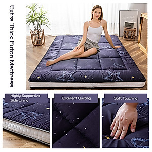 MAXYOYO Black Moon and Star Futon Mattress, Japanese Floor Mattress Quilted Bed Mattress Topper, Extra Thick Folding Sleeping Pad Breathable Floor Lounger Guest Bed for Camping Couch, Twin