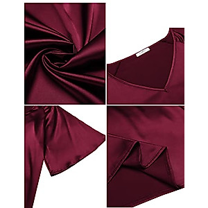 eshion Women's Satin Nightgowns V Neck Sleepshirt Short Sleeves Sleepwear Silk Nightshirt Wine Red X-Large