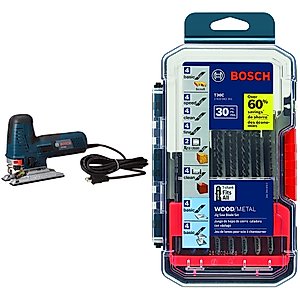 BOSCH 7.2 Amp Barrel-Grip Jig Saw Kit JS572EBK&BOSCH T30C T-Shank Multi-Purpose Jigsaw Blades, 30 Piece, Assorted, Jig Saw Blade Set for Cutting Wood and Metal