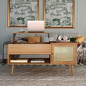 FOKWE Lift Top Coffee Table with Hidden Compartment, Big Storage Space and Adjustable Storage Shelf Lift Tabletop Dining Table for Home Living Room, Office (Walnut)