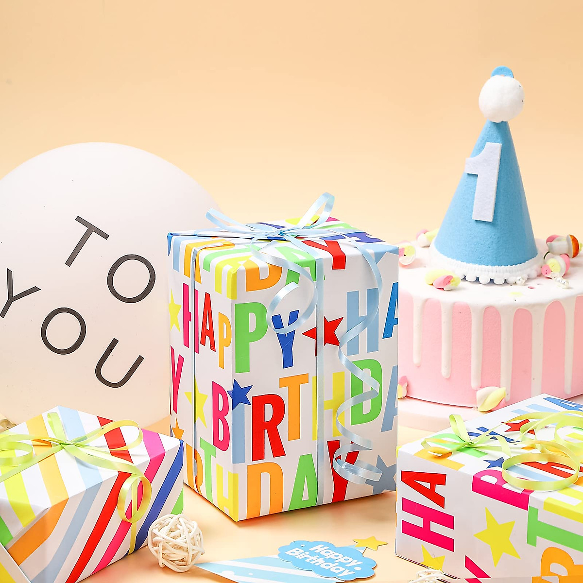 LeZakaa Reversible Birthday Wrapping Paper Jumbo Roll - Happy Birthday Lettering & Stripe - 24 inches x 100 Feet (200 sq.ft.)