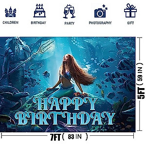 2023 Little Mermaid Party Supplies,Backdrop Photo Prop 7 x 5 FT Birthday Banner for Party Decor Black Little Mermaid Ariel Backgrounds Props