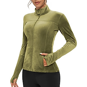 GYM RAINBOW Womens Velvet Workout Jackets Full Zip Lightweight Athletic Running Jacket with Pockets(#1 Green,X-Large)