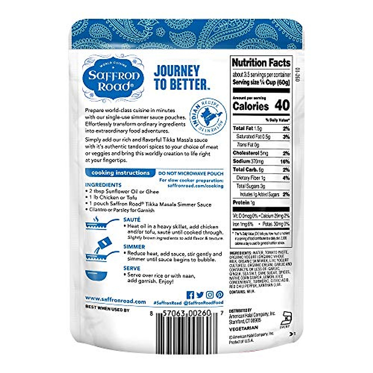 Saffron Road Tikka Masala Simmer Sauce - Non-GMO, Gluten Free, Halal, Kosher, Vegetarian (7 Ounce (Pack of 8))