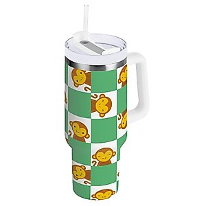 ZZXXB Monkey Plaid Print Insulated Stainless Steel Water Bottle with Handle and Straw Lid Double Walled Travel Mug 30 oz