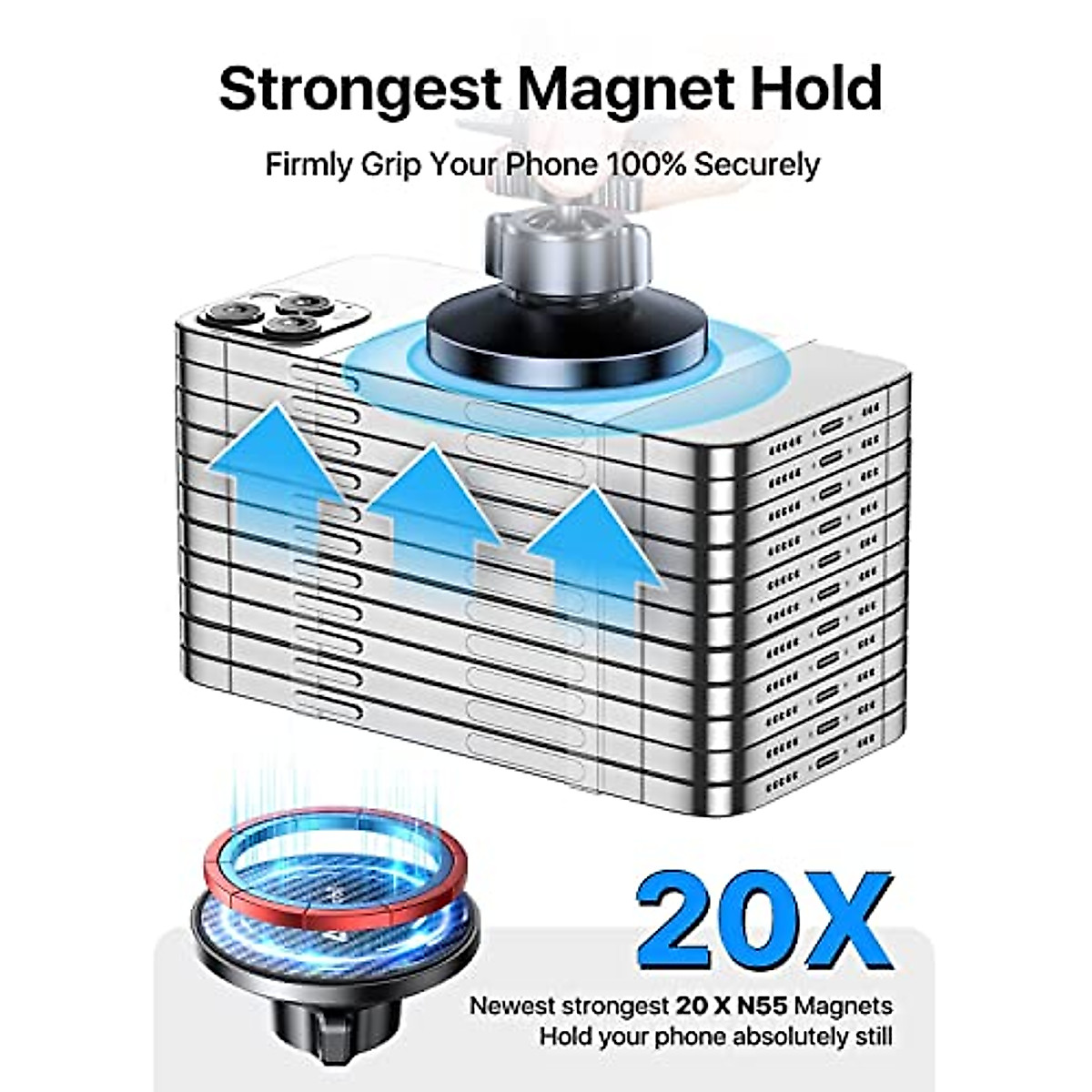 andobil Car Mount for iPhone, [Never Block A/C, 360° Rotate-Freely] Strong Magnetic Cell Phone Holder for Car Vent Easily Install, Compatible w MagSafe Car Mount Fits for iPhone 14 13 12 Pro Max & All