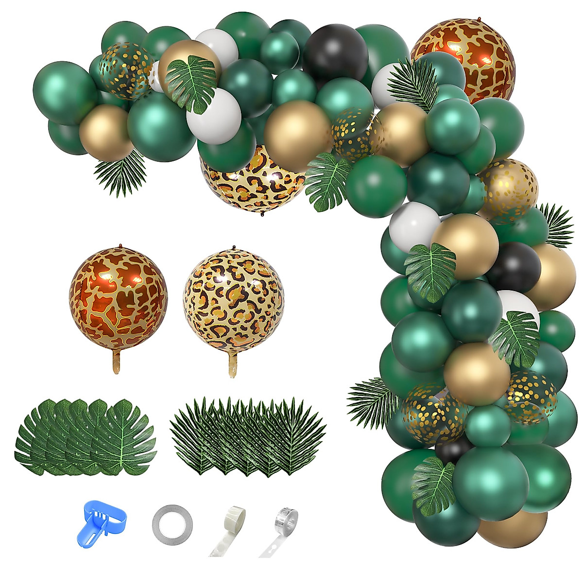 150Pcs Jungle Safari Green Balloons Garland Arch Kit, Emerald Dark Green Gold Animal Foil Balloon Tropical Palm Leaves for Safari Baby Shower Birthday Decorations for Boys Wild One Party Supplies