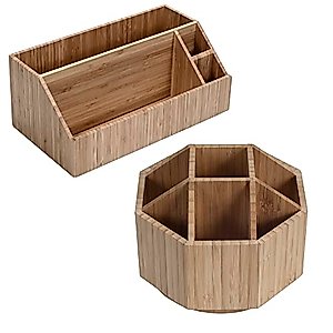 MobileVision Bamboo Bathroom Organizer Bundle Includes Compartments for Hair Care and Toiletries & Rotating Caddy for Cosmetics