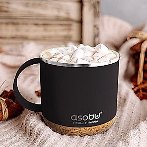 asobu Infinite Stainless Steel Insulated Coffee Mug with Inner Ceramic Coating and Cork Coaster 16 Ounce (Black)